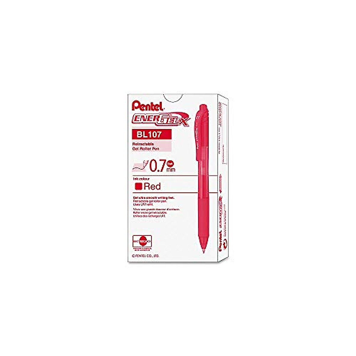 ENERGEL Pentel -X Retractable Liquid Gel Pen (0.7mm) Metal Tip, Red Ink, Box of 12 (BL107-B)