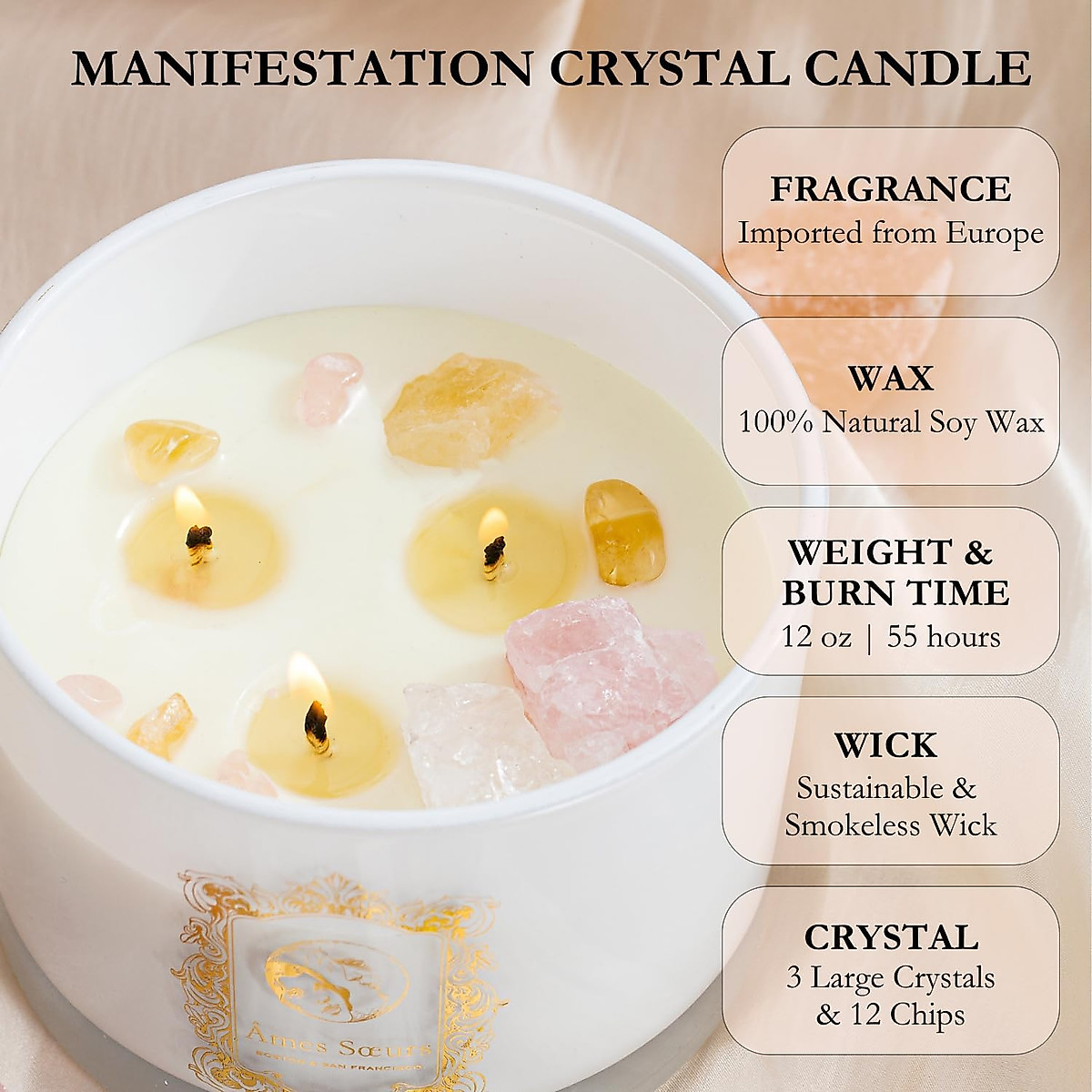 Healing Crystal Candles, Chakra Candles, 12oz Non Toxic Candles for Home, Spiritual Astrology Gifts for Women Mom. Organic Self Love Manifestation Candle with Natural Soy and Essential Oil