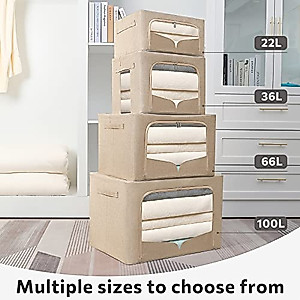 3 Pack Clothes Storage Bins - Foldable Metal Frame Storage Box - Stackable Linen Fabric Organizer Set with Carrying Handles and Clear Window (Beige, 15.7x11.8x11.8inch(36L))