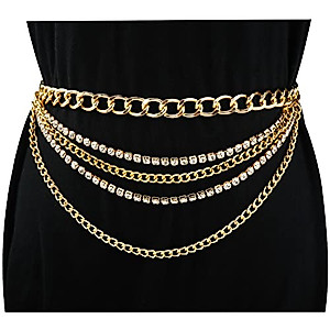 Glamorstar Multilayer Chain Belts for Women Rhinestone Waist Belt Punk Gorgeous Chain for Ladies Dresses Gold 110CM