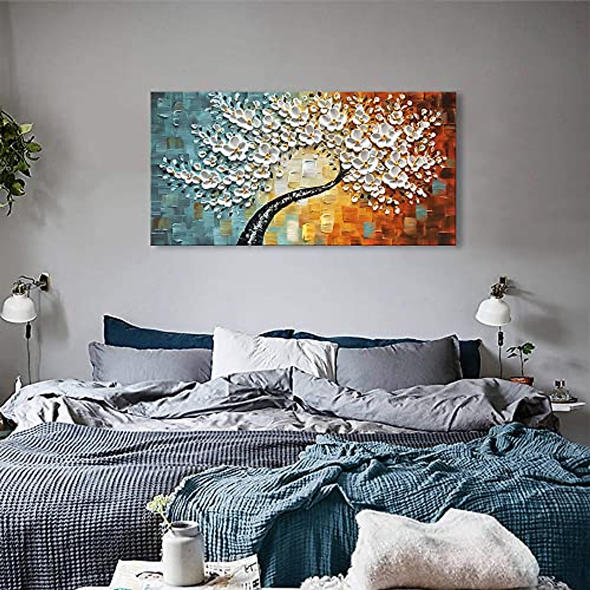 Diathou 20x40in 3D Abstract Paintings,Hand-Painted Painting of White Flowers and Trees, Canvas Wood Frame, Ready to Hang The Wall to Decorate The Living Room Bedroom