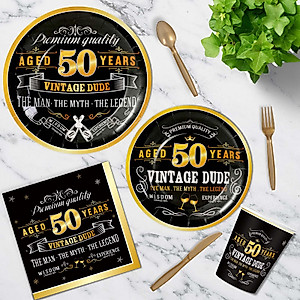 168 Pcs Vintage 50th Party Tableware Set, Black Gold Vintage Happy 50 Birthday Tablecloth 24 Guests Dinner Plates Dessert Plate Cup and Napkins for Men Cheers 50th Theme Birthday Party Supplies