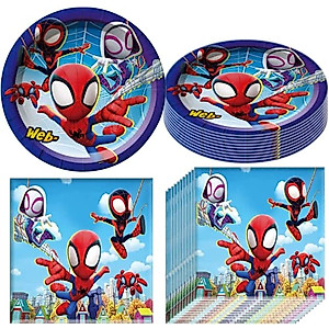 Spidey and His Amazing Friends Birthday Party Supplies Decorations Set with Tablecloth,Plates,Napkins, Banner, Balloons, Hanging Swirls, Cake Cupcake Toppers for Boys Girls Spidey-Theme Party