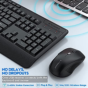 Wireless Keyboard and Mouse Combo, E-YOOSO 2.4GHz Full-Sized Ergonomic Wireless Keyboard with Wrist Rest, 3 DPI Adjustable and 6 Buttons Cordless USB Mouse for Computer, Laptop, PC, Windows (Black)