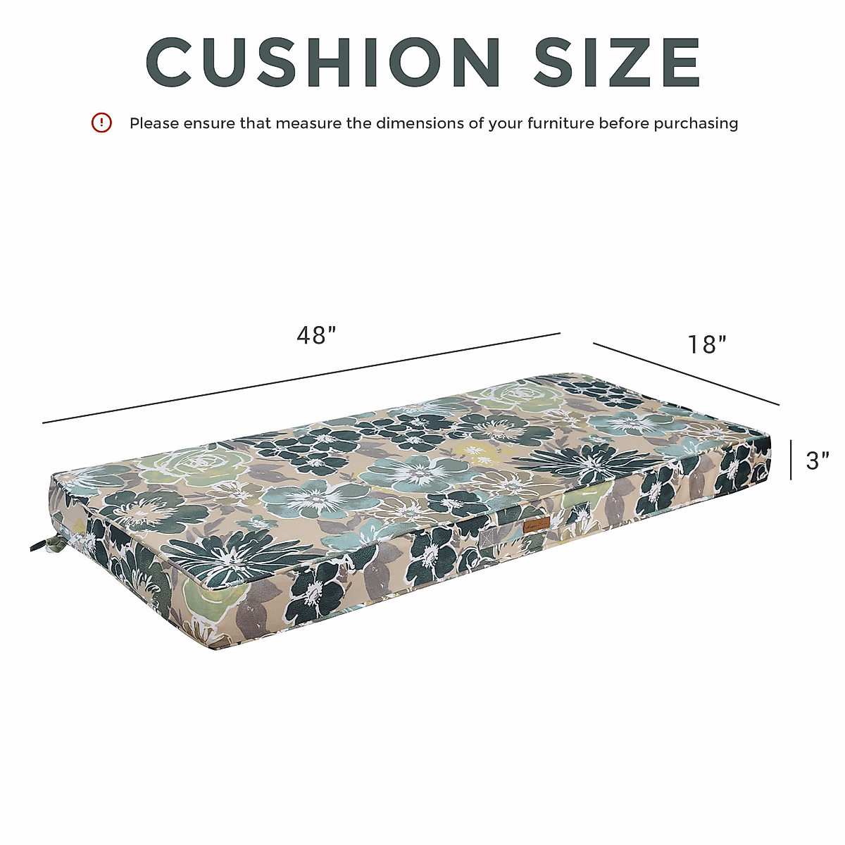 Magpie Fabrics Outdoor Bench Cushion 48 x 18 Inches, Settee Loveseat Pads with Handle and Ties for Garden Patio Backyard Porch Sofa Couch Swing (Green Floral)