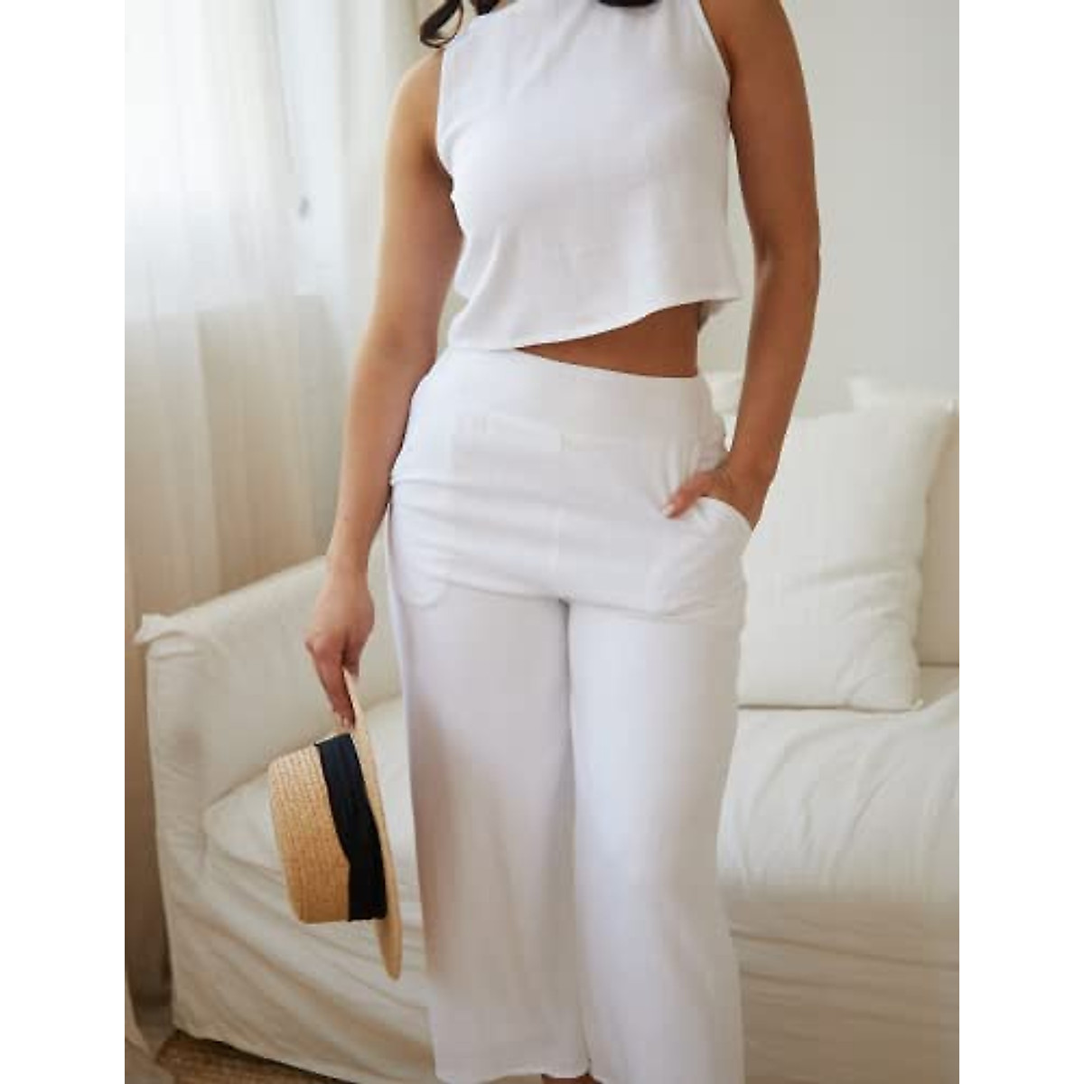 Meyhad Womens Cotton Linen 2 Piece Outfits Crop Tank Tops Wide Leg Pants Set Casual Lounge Sets(0350-White-XL)