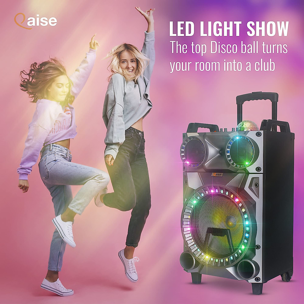 Portable Bluetooth Party Speaker and Karaoke Machine with 2 Wireless Mics, Disco Ball, LED Lights, Handle and Wheels, FM Radio. Loud Party Sound System, Rechargeable Tailgate PA Speaker