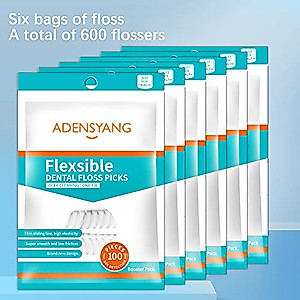 ADENSYANG Floss Picks - Travel Floss - Floss Picks for Teeth 600 Count Super Strong Floss - Good Elasticity, Clean Teeth Without Breaking, No Fragrance Smell, Floss Carry, On Travel 6 Bags