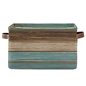 ALAZA Decorative Basket Rectangular Storage Bin, Old Color Wooden Organizer Basket with Leather Handles for Home Office
