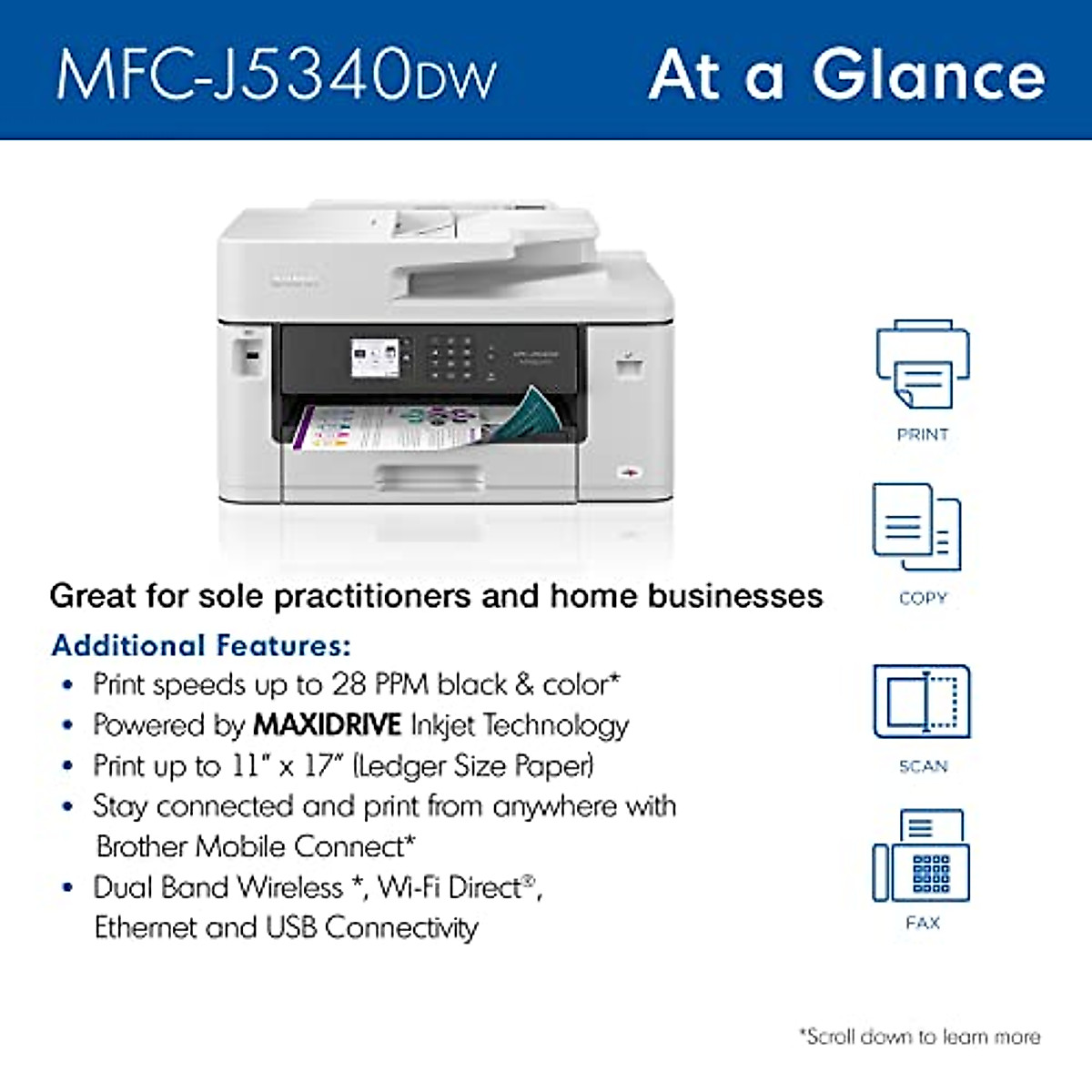 Brother MFC-J5340DW Business Color Inkjet All-in-One Printer with Printing up to 11”x17 (Ledger) Size Capabilities