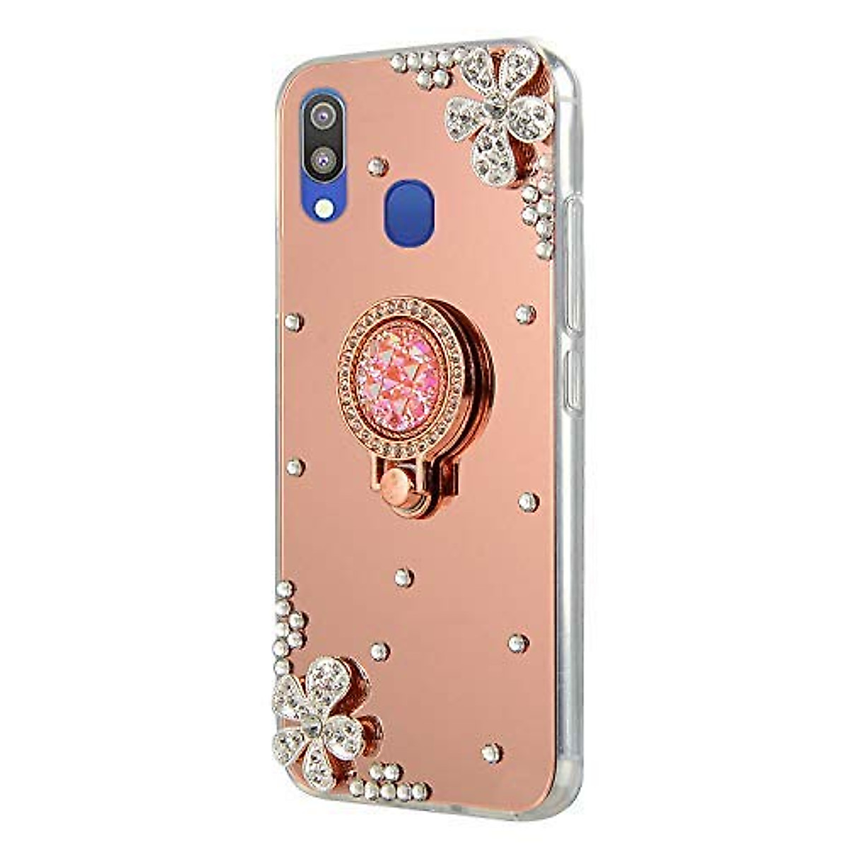 LCHDA for Samsung Galaxy A20/A30 Case Mirror Rose Gold with Ring Kickstand Glitter Sparkle Rhinestone Diamond Flower Makeup Cover with Finger Holder Grip for Samsung Galaxy A20/A30