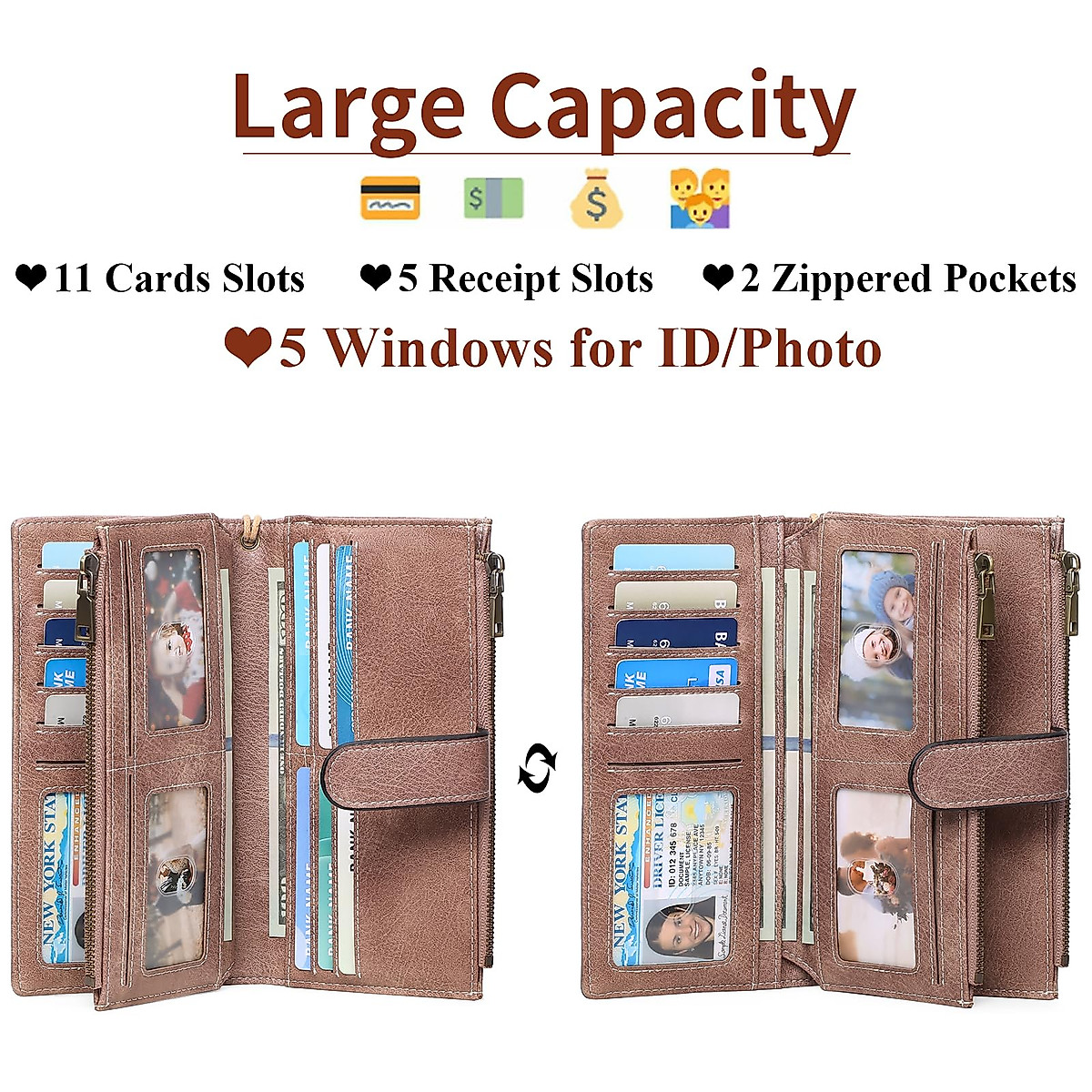 GOIACII Womens Wallets Large Capacity Credit Card Holder Rfid Wallet Women Double Zipper Pocket Leather Bifold Ladies Wristlet Clutch Wallet