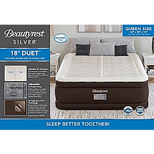 Beautyrest Silver Duet Luxury 18" Size Queen Air Mattress with Built-in High Speed Tri-Zone Pump for Camping, Home, Guests Inflatable Blow Up Waterproof Airbed