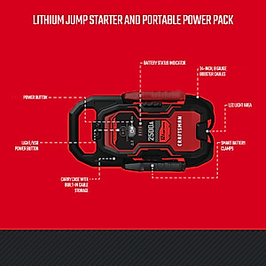 CRAFTSMAN 3-in-1 Lithium Jump Starter and Portable Power Pack, CMXCESM262 2500 Peak Amps, 12 Volts, 10.0L Gas, 8.0L Diesel Engines, for Motorcycles, Cars, SUV, Truck, and Boat Batteries