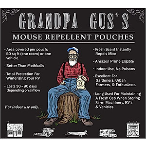 Grandpa Gus's Extra-Strength Mouse Repellent, Cinnamon/Peppermint Oils Repel Mice from Nesting & Freshen Air in Car/RV/Boat/Garage/Shed/Cabin, 1.75 Oz (4 Pouches)