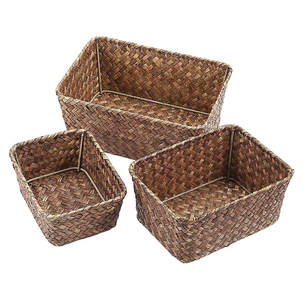 OGANAZI Small Woven Wicker Open Storage Baskets, Set of 3 Natural Seagrass Baskets Rectangular Basket Bins Woven Baskets for Shelf Closet Bedroom (Coffee)