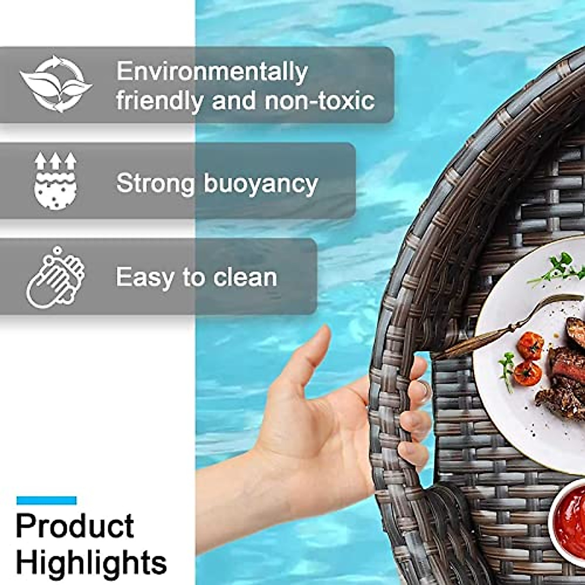 ENPAP Rattan Woven Serving Tray Floating Breakfast Table Serving Buffet Round Tray Drink Holders for Swimming Pool Beach Party Refreshment Durable Foam UV Resistant (Color : Brown, Size : 80cm)