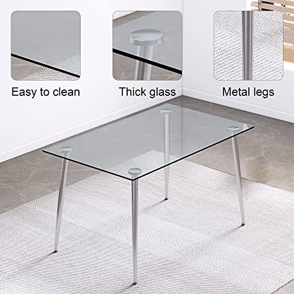 AZmac Glass Dining Table Set for 4,51" Dinner Table Set,5 PCS Dining Room Table Set with Soft Dining Chairs, Kitchen Table with Rectangle Tempered Glass and Silver Metal Legs