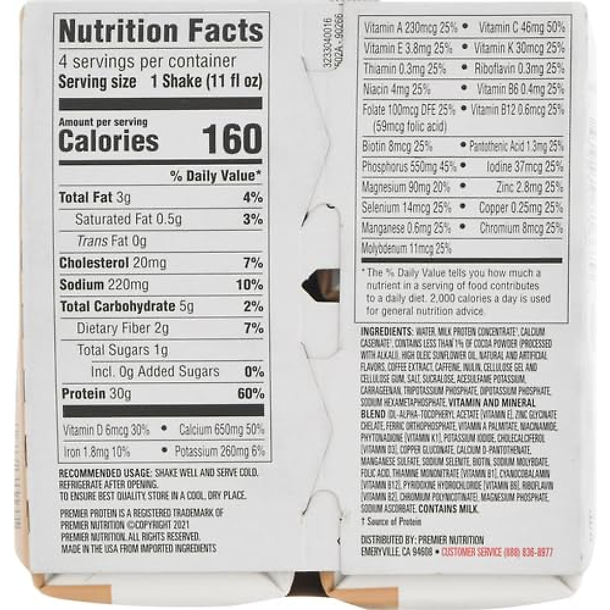 Premier Protein Shake, Café Latte, 30g Protein, 1g Sugar, 24 Vitamins & Minerals, Nutrients to Support Immune Health, 11 Fl Oz, 4 Count