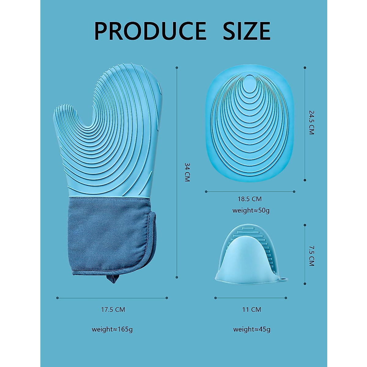 EUNA Silicone Oven Mitts, Heat Resistant Oven Mitts and Pot Holders Sets, Non-Slip Kitchen Mittens with Mini Oven Gloves and Hot Pads, Perfect for Baking Cooking, Quilted Liner, Gift Box, Blue & Azure