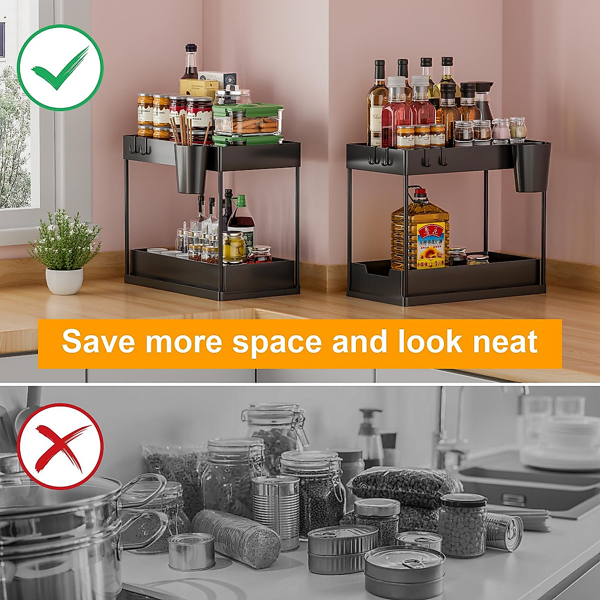 GORLDE 1 Pack Under Sink Organizer,2 Tier Under Bathroom Cabinet Organizer with Hooks Hanging Cup,Multi-Purpose Storage Shelf for Kitchen Bathroom,Black (1)