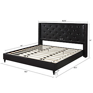 King Upholstered Platform Bed Frame with 51" Tall Headboard - Button Tufted Leather Bed - Wood Slat Support with Storage Space - No Box Spring Needed - Easy Assembly - Black - Oliver & Smith Astor