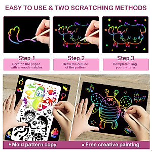 pigipigi Scratch Paper Art for Kids - 60 Pcs Rainbow Magic Scratch Off Art Crafts Set Supply Drawing Note Kit for Girls Boys Toddler Party Favor Activity Game Birthday Christmas Easter Toy Gift