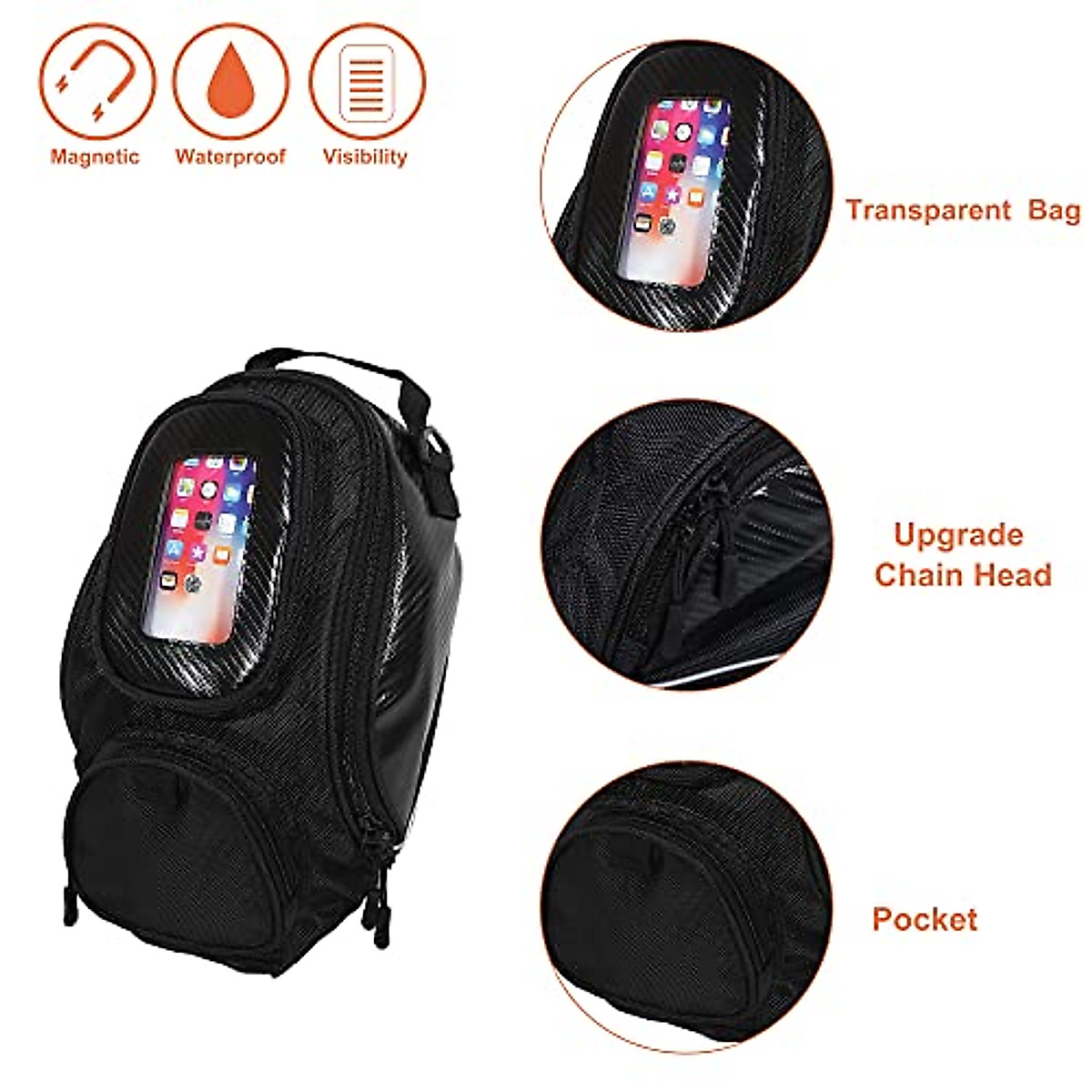 X AUTOHAUX Universal Motorcycle Tank Bag Backpack Motorbike GPS Bag Magnetic Gas Oil Fuel Tool Saddlebag Oxford Waterproof Black