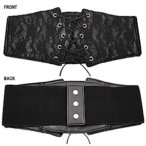 Glamorstar Corset Belt for Women Lace up Leather Belt Wide Waist Belt Elastic Tied Waspie Belt for Dresses Lace Black 27.5IN/70CM