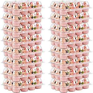 ChezMax (12 Counts x 16 Sets) Cupcake Containers 12 Count, Cupcake Boxes for 12 Cupcakes, Disposable Cupcake Cupcake Carrier Holders, Clear Plastic Containers with Detachable Tall Dome Lid