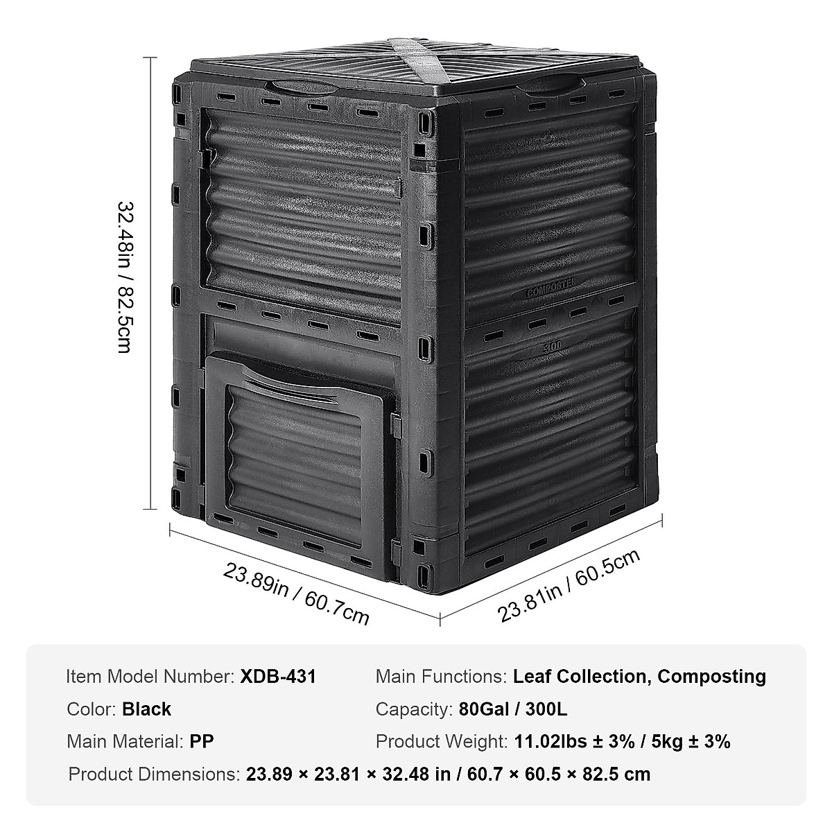 VEVOR Garden Compost Bin 80 Gallon, BPA Free Composter, Large Capacity Outdoor Composting Bin with Top Lid and Bottom Door, Easy Assembling, Lightweight, Fast Creation of Fertile Soil