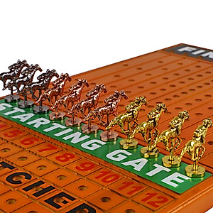 Grhonior Large 21 inches Horse Racing Board Game with 11 Luxury Metal Craft Horses Thickened Pine Finish LINE Race Game Chessboard Including 2 Sets of dice and 2 Boxes of Cards