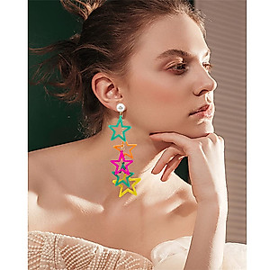 CHUNYANAN Boho Charm Hollow Colorful Acrylic Five-pointed Star Exaggerated Dangle Drop Earrings Color Five Stars With Pearl Drop Earrings Sparkly Chic Jewelry Gift (Colorful Acrylic Five-pointed Star)
