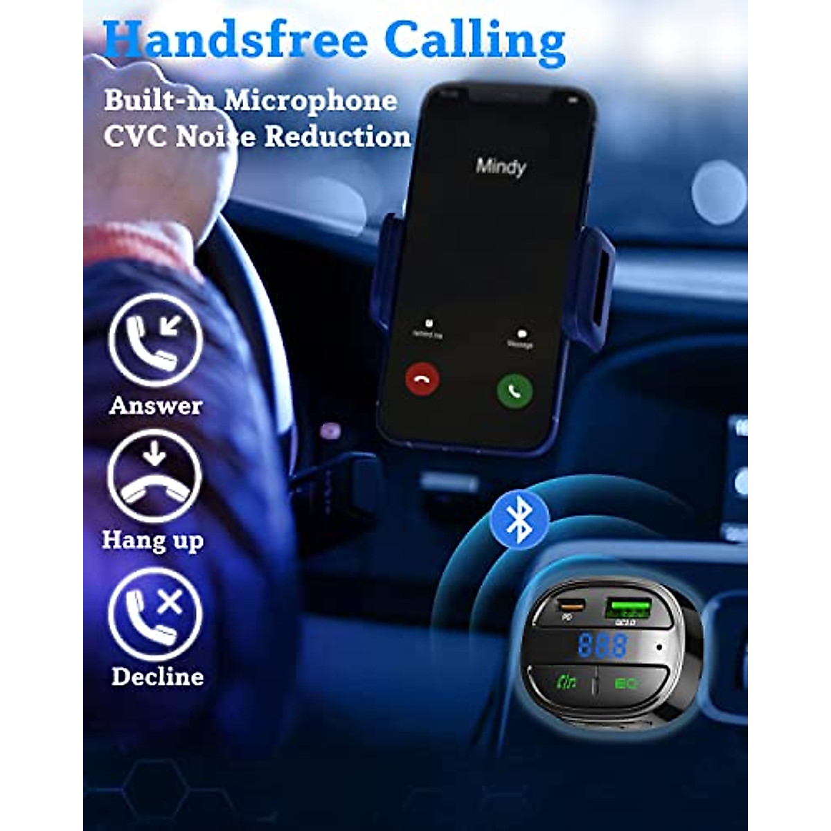 LIHAN FM Transmitter Car Bluetooth Adapter, LIHAN Wireless Aux Radio, Hands-Free Call, Type-C & Fast Car Charger, MP3 Music Player, Support USB Drive/TF Card