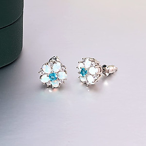 CiNily Flower Earrings,Blue Opal Stud Earrings Sterling Silver Plated Ladies Flower Stud Earrings Cute Unique Earrings