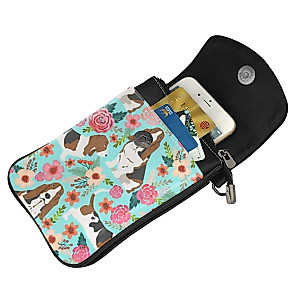 Perfect Gift - Stylish Sweet Basset Hound And Vintage Florals Cell Phone Purse Wallet Big Pocket Small Crossbody Bags Adjustable Shoulder Strap Cellphone Pouch With Card Slots