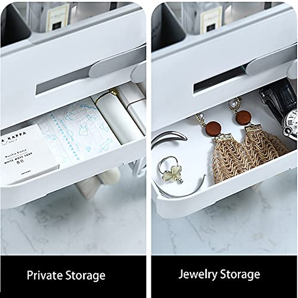 AFULILI Wall Mounted Bathroom Storage Rack, Punch-Free Bathroom Organizers with Hair Dryer Holder, Multi-Functional Hair Styling Tool Organizer, Storage Rack with Drawer Plug Holder & 4 Hooks (Black)