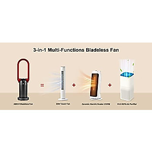 Bladeless Tower Fan & H13 HEPA Air Purifier & 1500W Space Heater 3in1, 120° Swing & 210° Tilt Head Table Fan, 29in. 35W Desk Fan with Remote, 9 Speeds 9H Timer Air Circulator for Home Office-Red