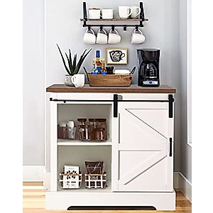 PHI VILLA Farmhouse Coffee Bar Cabinet - Sliding Barn Door Kitchen Sideboard Buffet Storage Cabinet