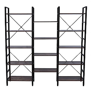 Otomatico Triple Wide 5-Shelf Bookcase, Large Open Bookshelf Vintage Industrial Style Shelves Wood and Metal bookcases Furniture for Home (Retro Brown)
