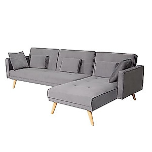 Penifun L Shaped Couch Sectional Sofa 3 seat Set for Living Room, 104.5" W 3 Seater Right Chaise Lounge, Convertible Folding Futon Bed Sleeper with 3 Pillows & 3 Backrest Settings-120°/150°/180°, Gray