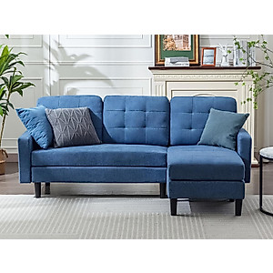 VECELO Convertible Sectional Sofa, Modern Linen Fabric L-Shaped Couch with Reversible Chaise for Living Room/Apartment/Office, Blue