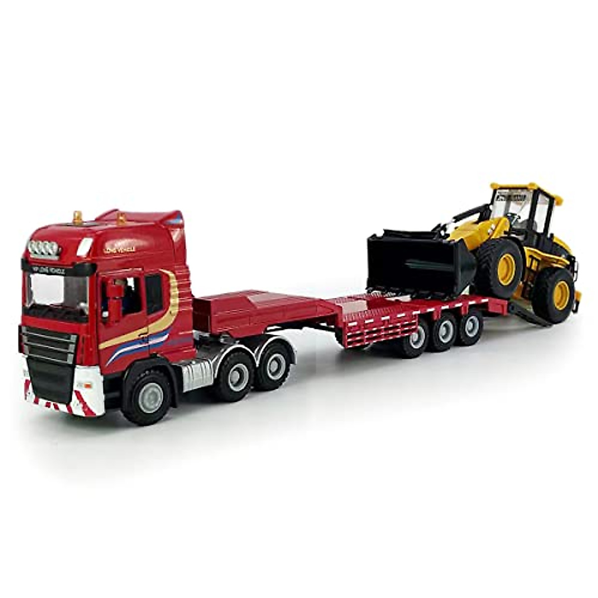 Flatbed Truck Toy with Excavator Loader Tractor Bulldozer Semi Tow Truck Transport Trailer Metal Diecast Construction Vehicles 2 in 1 Vehicle Playset Friction Powered Toy Trucks for Boys Kids Gift red