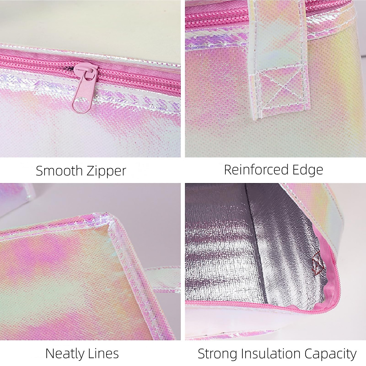 Lyellfe 6 Pack Cooler Bags Insulated, Waterproof Reusable Grocery Shopping Bag with Zipper, Portable Glossy Pink Food Delivery Bag for Take Outs, Picnic