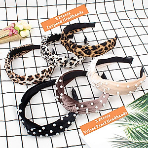 TOBATOBA Headbands for Women, Pearl Headband Leopard Headbands for Women Girls, Cute Headband with Pearls, Wide Top Knot Headband, Beaded Women headbands Fashion Hair Accessories for Women and Girls