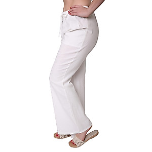 Unlimit Womens Casual Pants Wide Legs Cotton Linen, Soft Lightweight Comfy Long Lounge Pants for Summer, Beach and Home, Elastic Waist Drawstring Trousers with Pockets. (XL, White)
