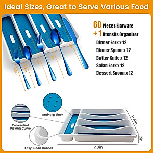 60 PCS Blue Silverware Set with Organizer Tray Service for 12,KITWARE Stainless Steel Flatware Cutlery Set,Mirror Polished Cutlery Utensil Set,Home Kitchen Dinnerware Fork Knife Spoon Set