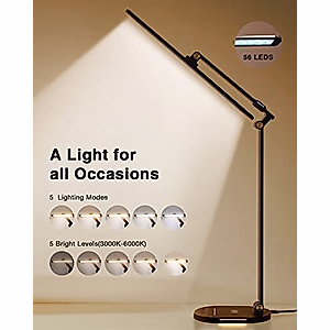 hukunos LED Desk Lamp with Wireless Charger & USB Charging Port, Architect Desk Lamps for Home Office, Bedside Table Lamp with Night Light for Work Study Reading Adjustable