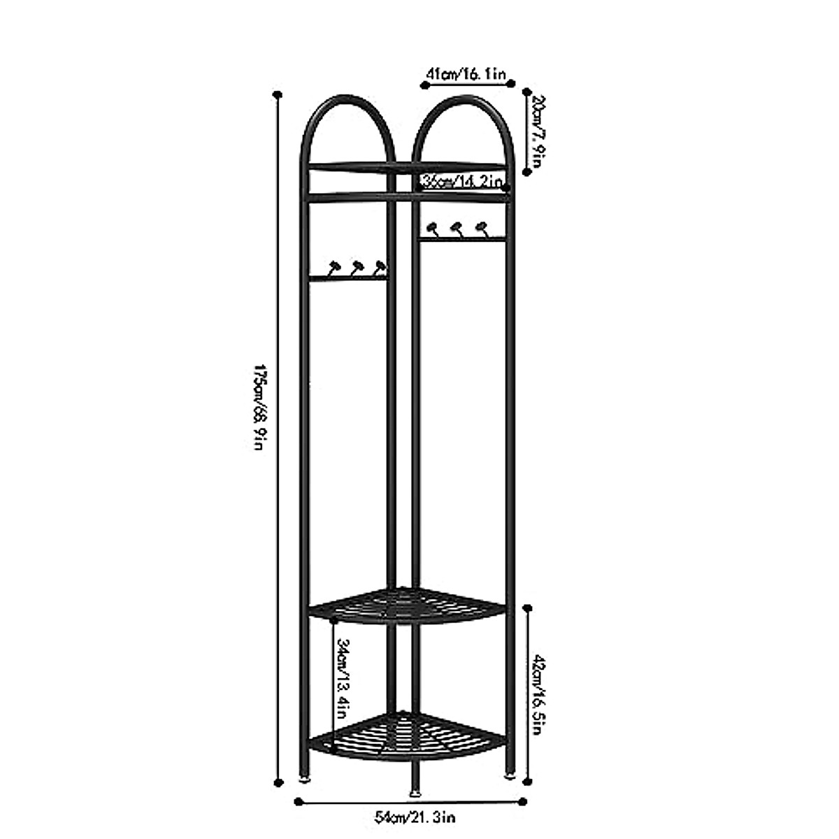 FLRH Black Corner Hall Tree, Freestanding Garment Rack with 6 Hooks and Storage Shelf, Metal Clothing Racks Coat Racks for Hallway, Entryway, Bedroom, Living Room, Office(Black)