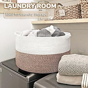 TIMEYARD Large Storage Basket, 21.7'' x 13.8'' Cotton Rope Blanket Basket Living Room Toy Baskets Storage Kids, Nursery Laundry Baskets for Dirty Clothes Pillows Towel, 90L White & Brown